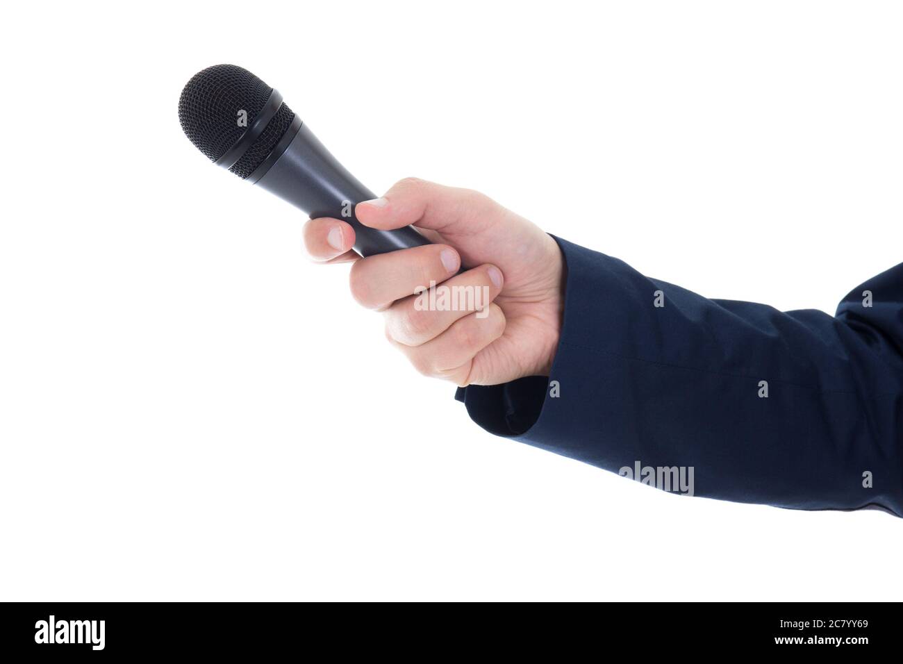 male hand with microphone isolated on white background Stock Photo - Alamy