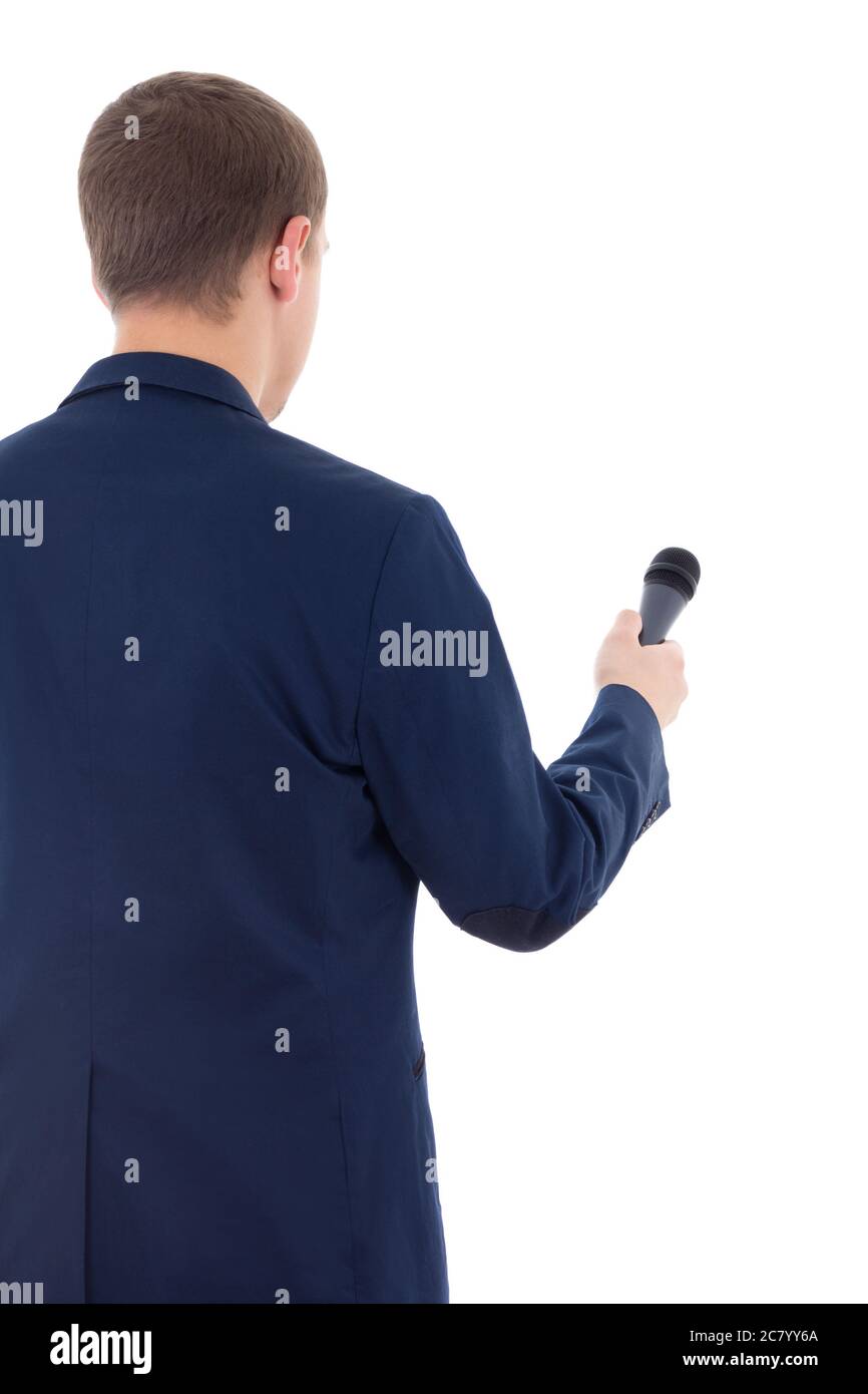 young reporter in suit holding microphone isolated on white background ...