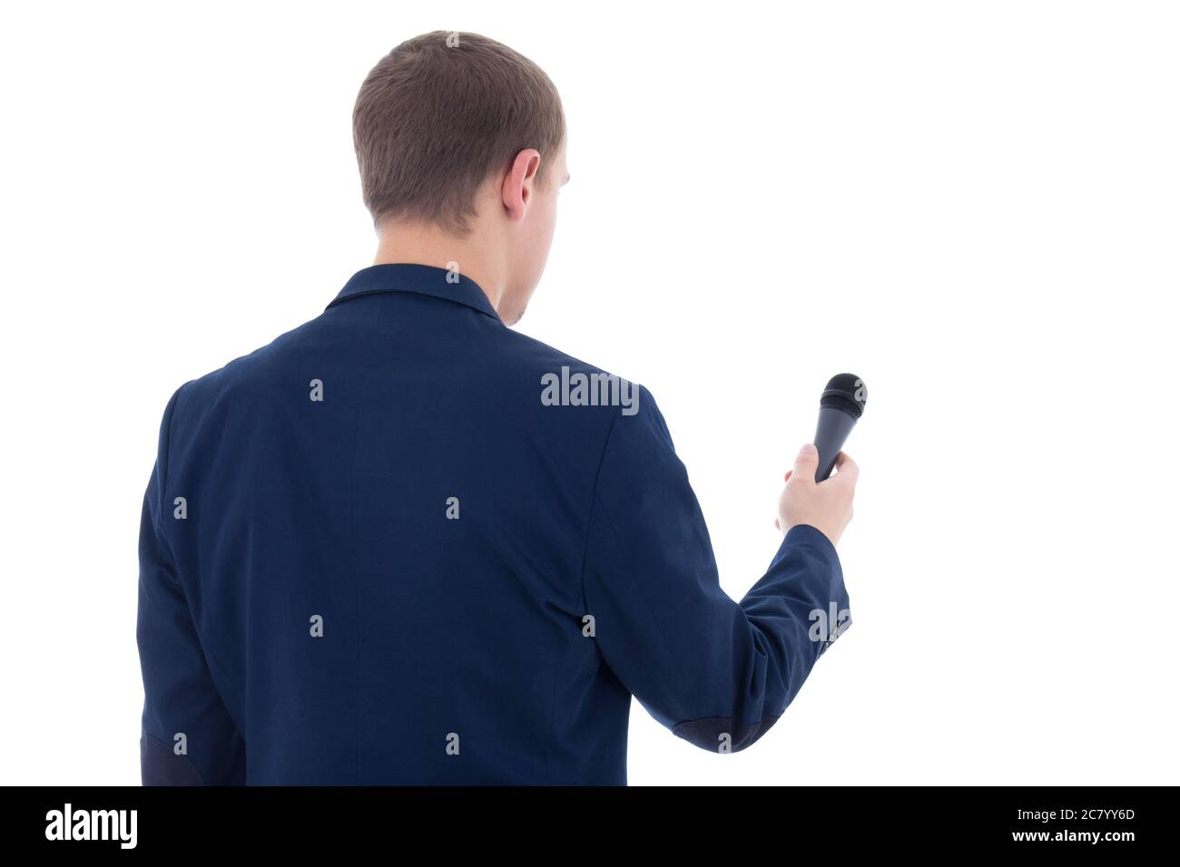 young journalist with microphone isolated on white background Stock ...