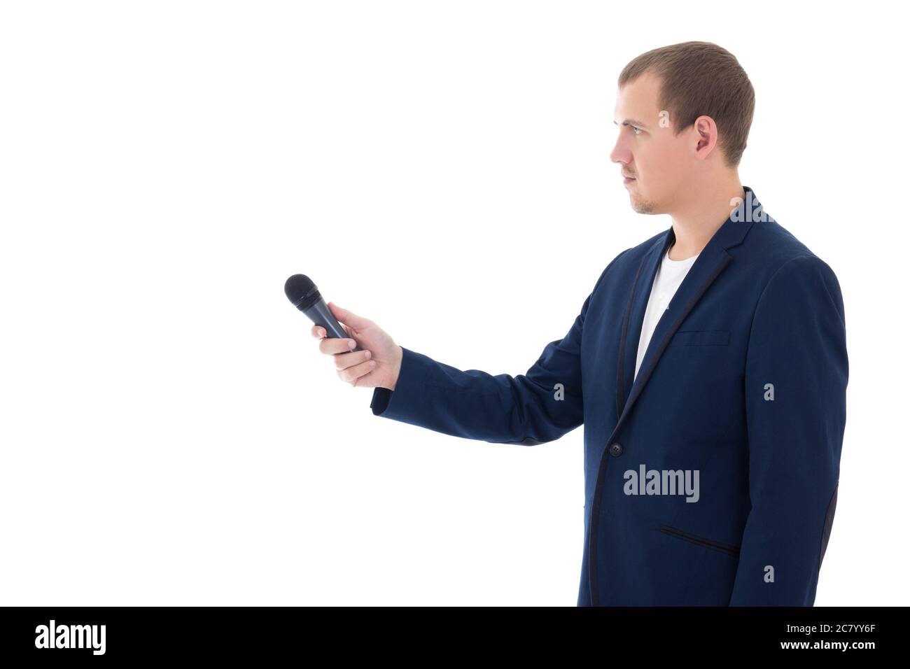 young professional reporter holding a microphone isolated on white ...