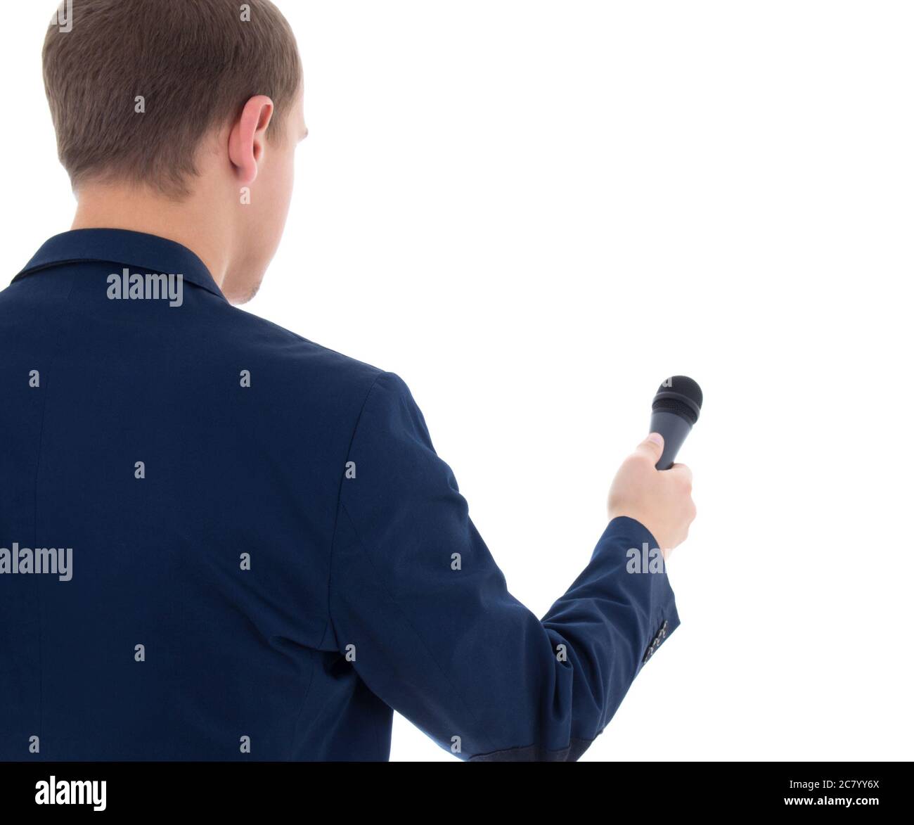 young reporter holding microphone isolated on white background Stock ...