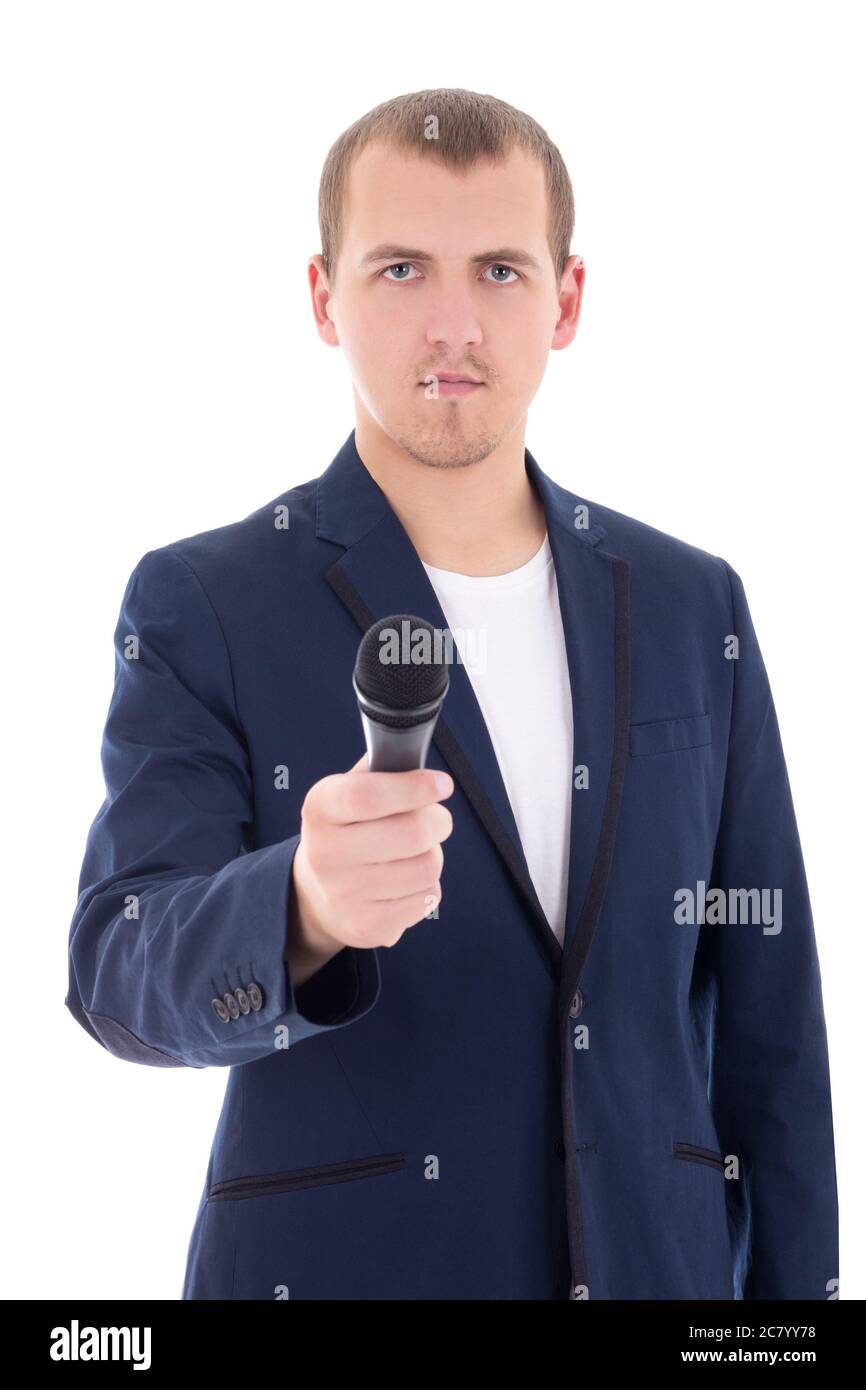 news reporter journalist interviews a person holding up the microphone isolated on white ...