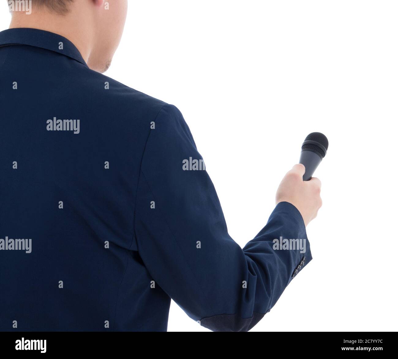 young reporter with microphone isolated on white background Stock Photo ...