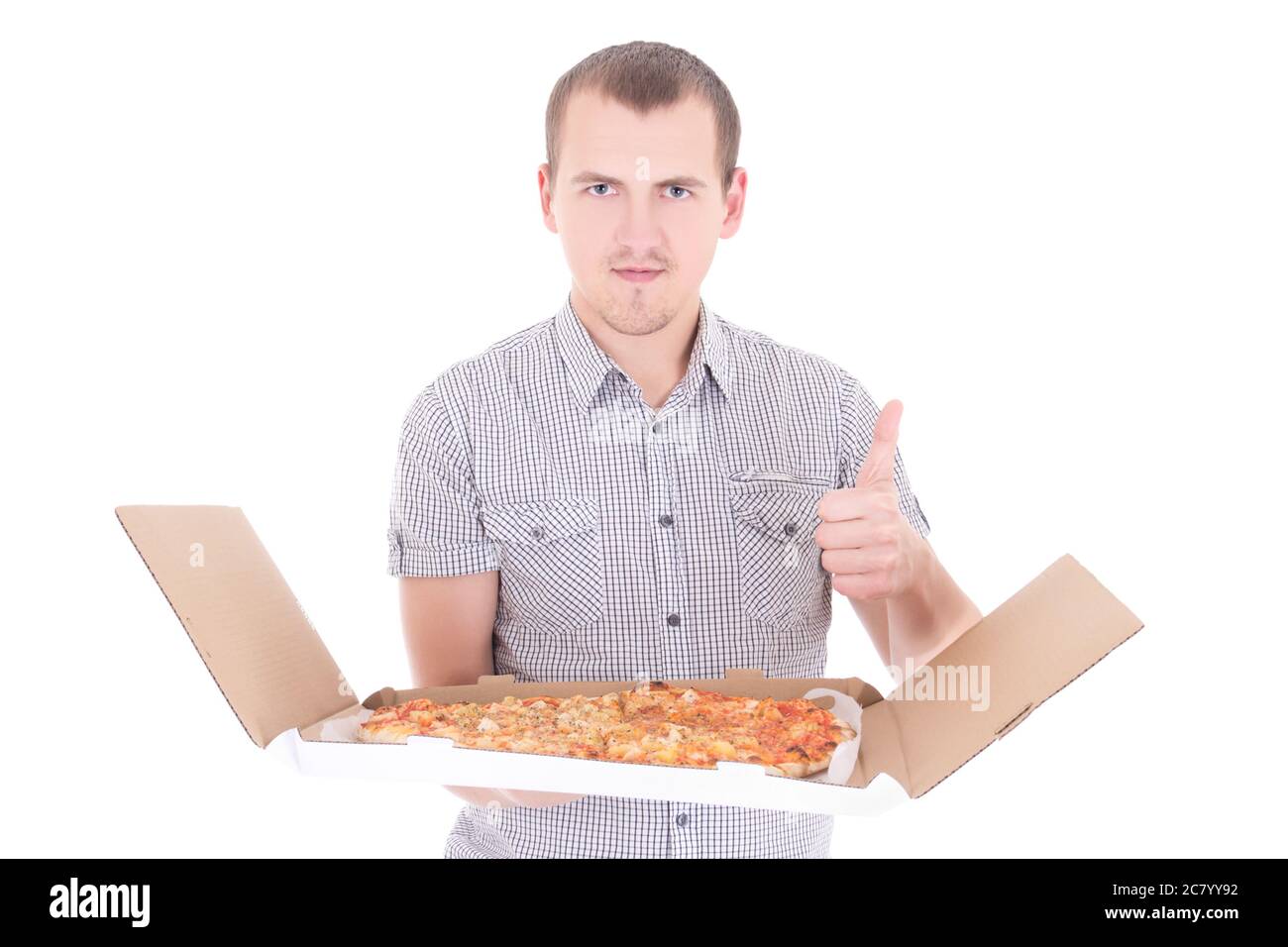 young attractive man with big pizza thumbs up isolated on white ...