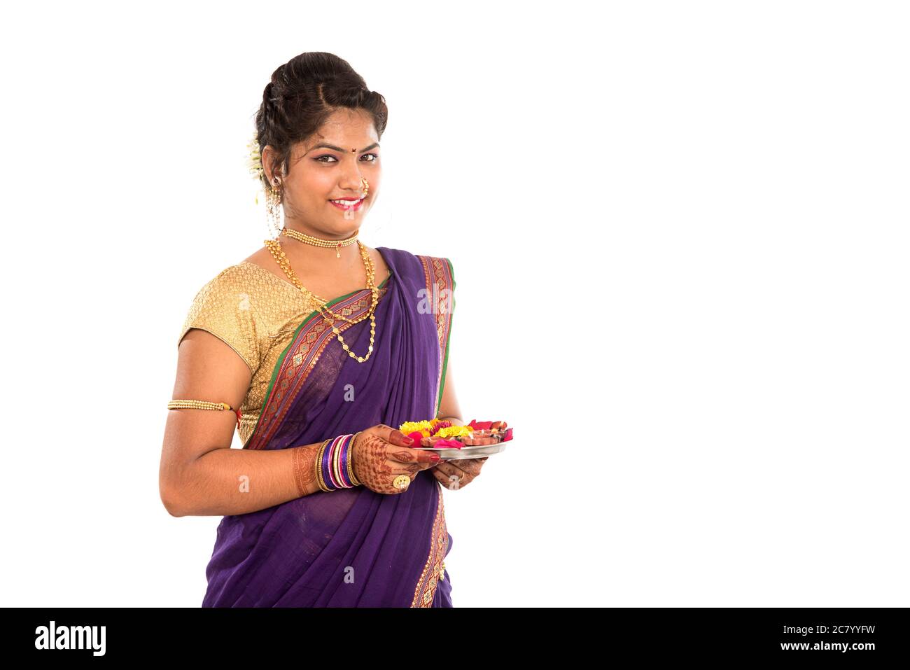 Lady with pooja thali Cut Out Stock Images & Pictures - Alamy