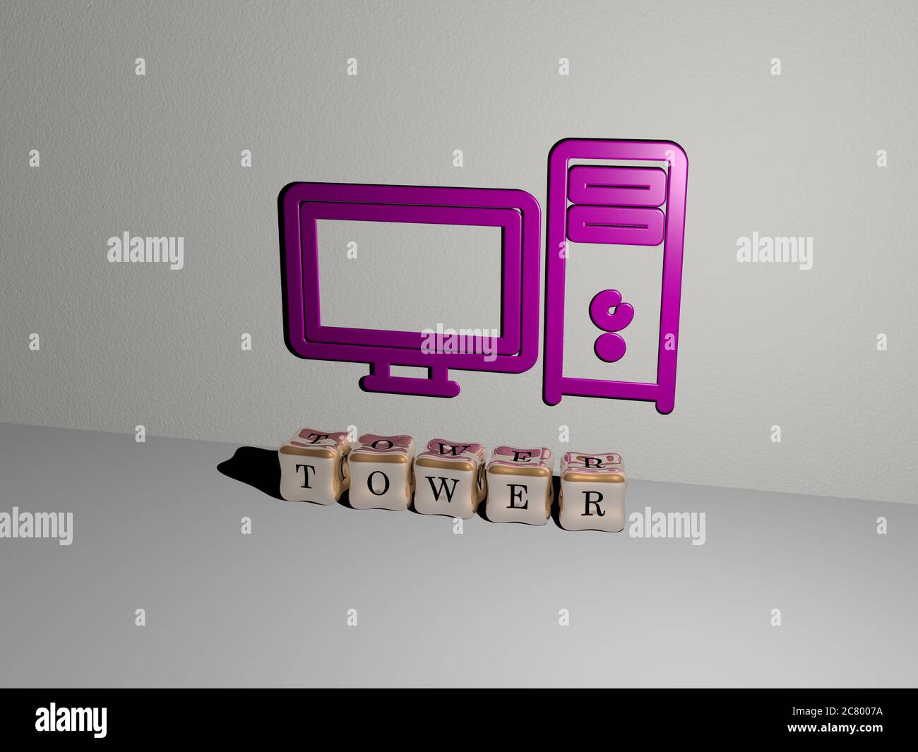 3D illustration of tower graphics and text made by metallic dice ...