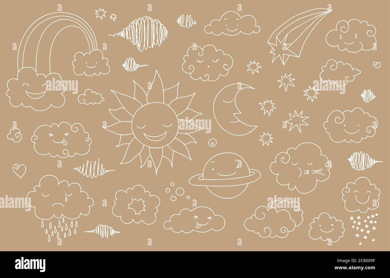Cute sky doodle with clouds, sun, moon, planet, rainbow Stock Photo - Alamy