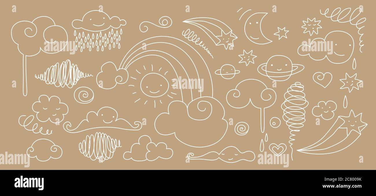 Cute doodle of sky elements: sun, moon, clouds, stars and rainbow Stock Photo - Alamy