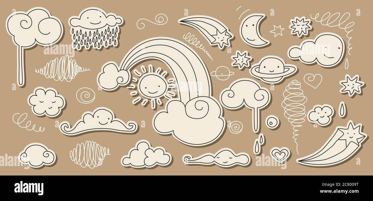 Cute doodle of sky elements: sun, moon, clouds, stars, rainbow Stock ...
