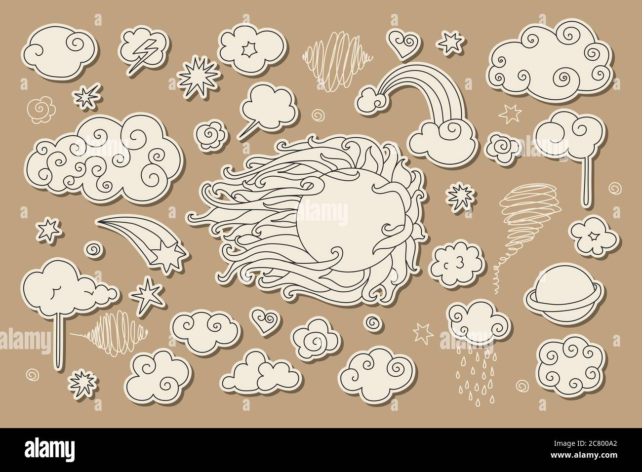 Cute doodle of sky elements: sun, clouds, stars and rainbow Stock Photo ...