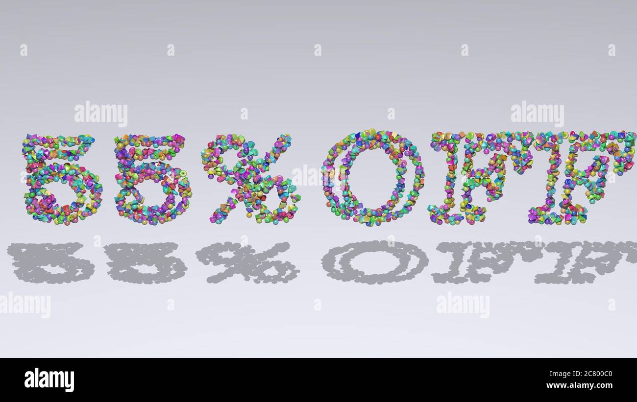 Colorful 3D writting of % OFF text with small objects over a white ...