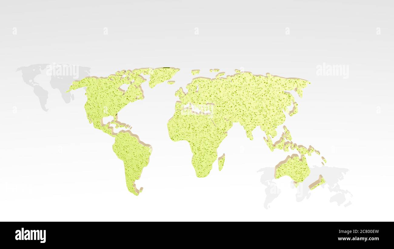 map of world on the wall. 3D illustration of metallic sculpture over a ...