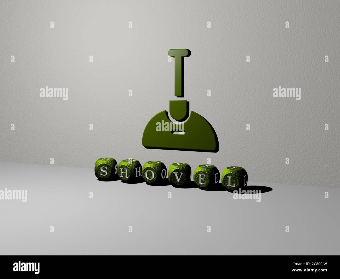 3D illustration of shovel graphics and text made by metallic dice ...
