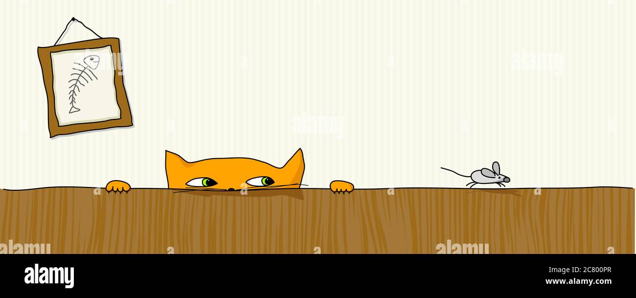 Cute cartoon cat hunting a mouse Stock Photo - Alamy