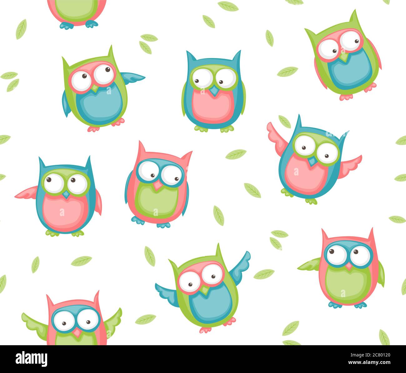 Seamless pattern with colorful cartoon owls and leaves Stock Photo - Alamy