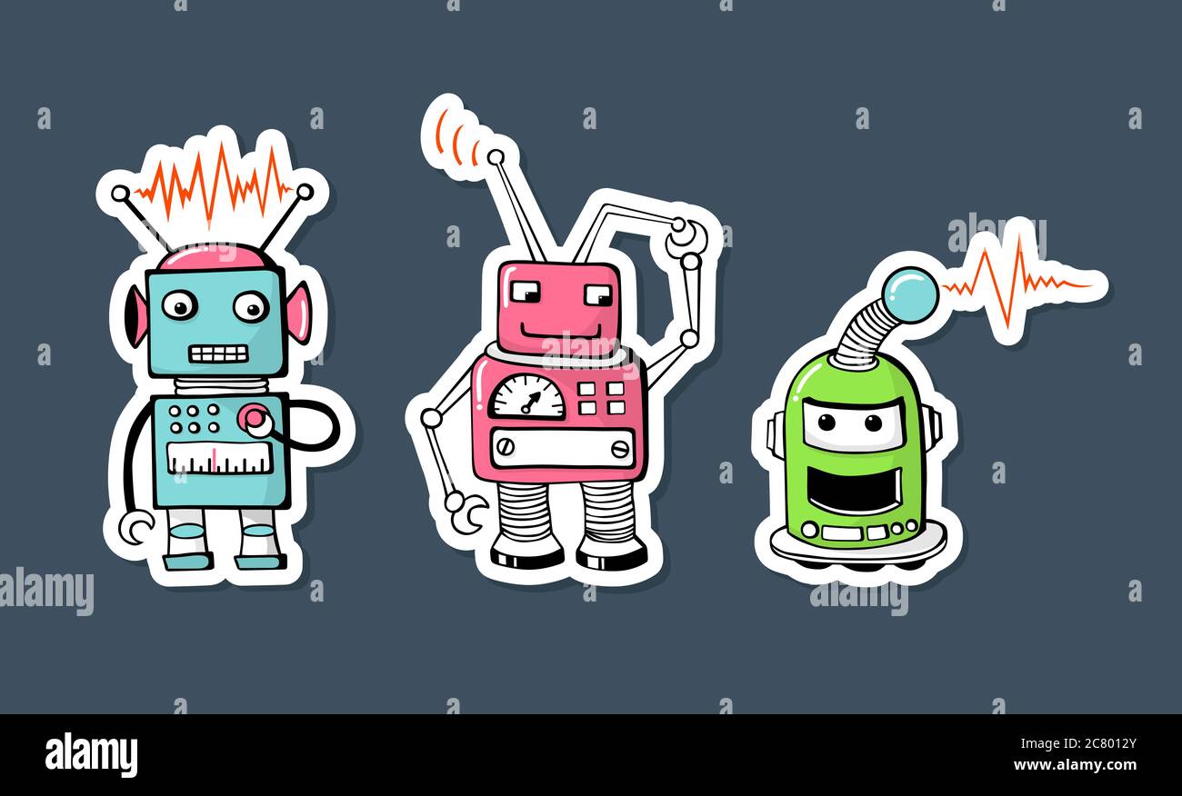 Set of three happy and cute cartoon robots Stock Photo - Alamy