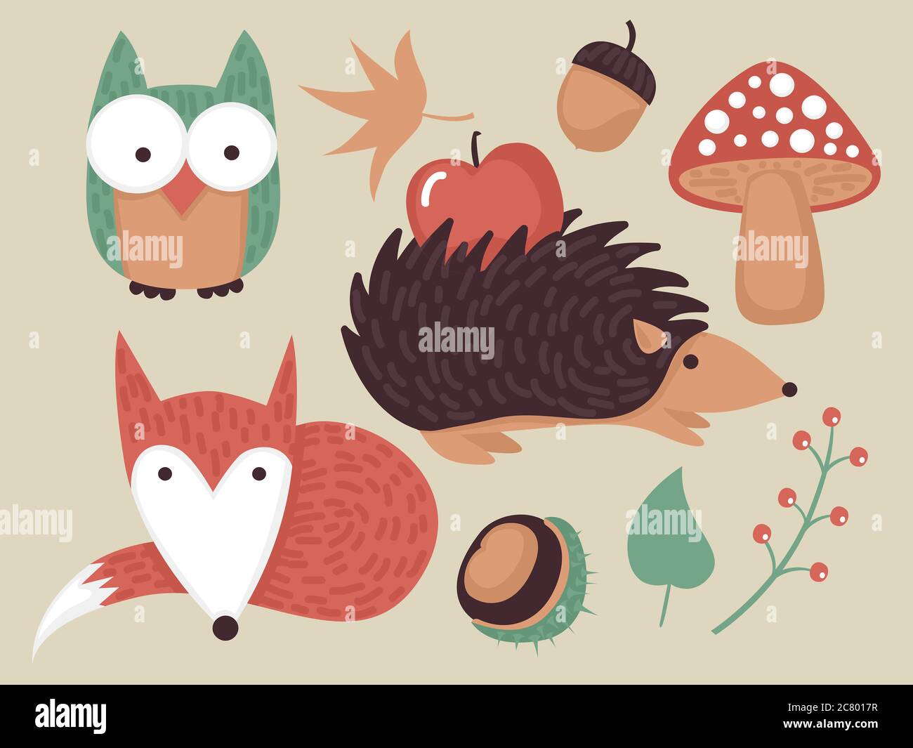Cute autumn forest set with animals and plants Stock Photo - Alamy