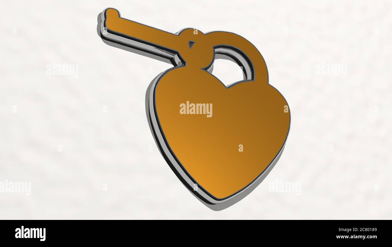 heart with lock and key on the wall. 3D illustration of metallic ...