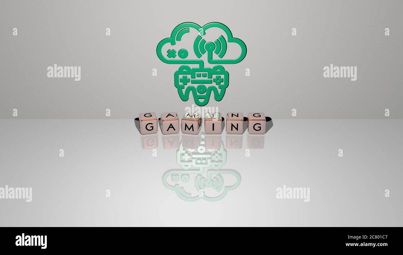 3D illustration of GAMING graphics and text made by metallic dice ...