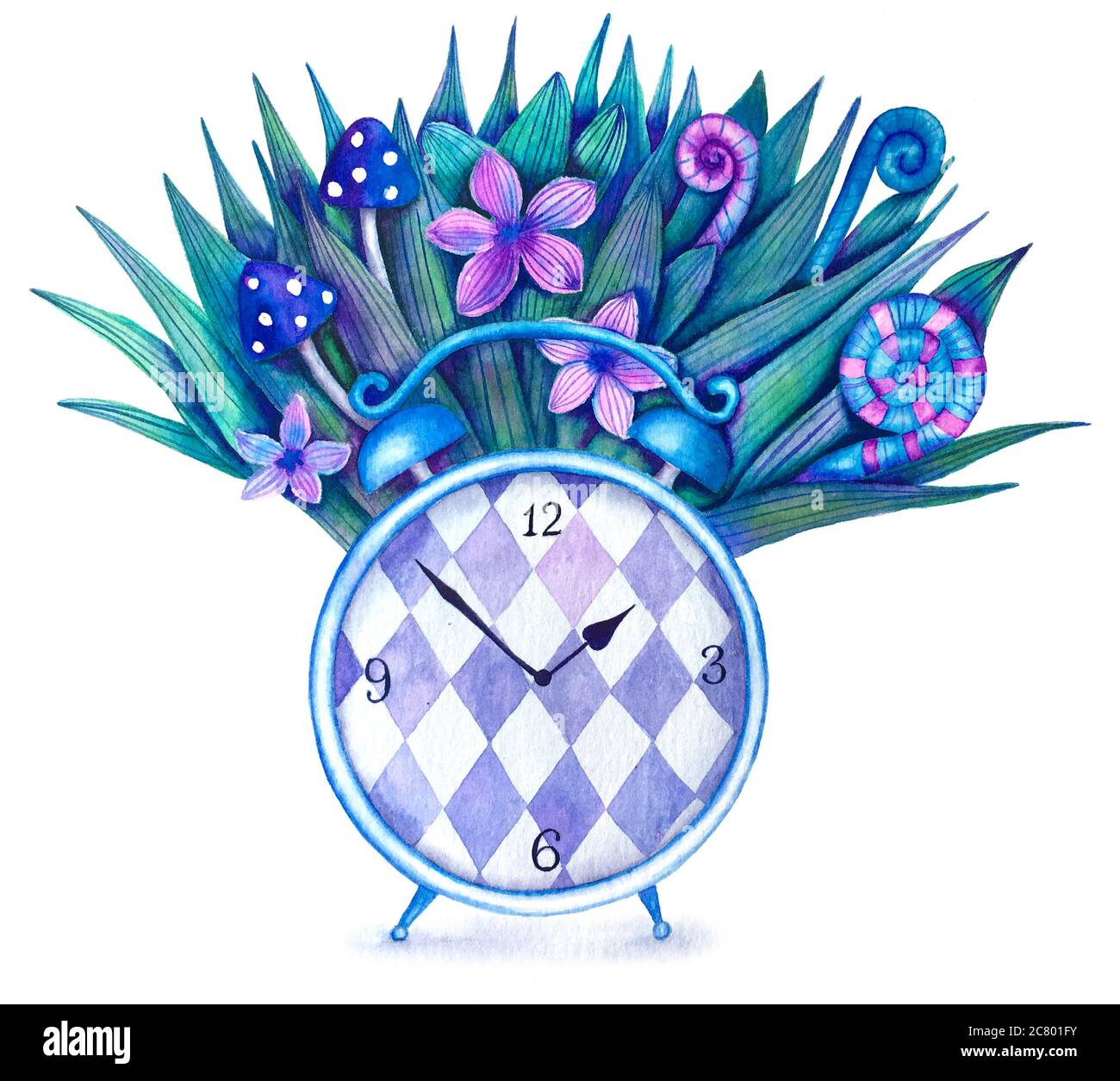 Vintage cute watercolor illustration with magic alarm clock Stock Photo ...