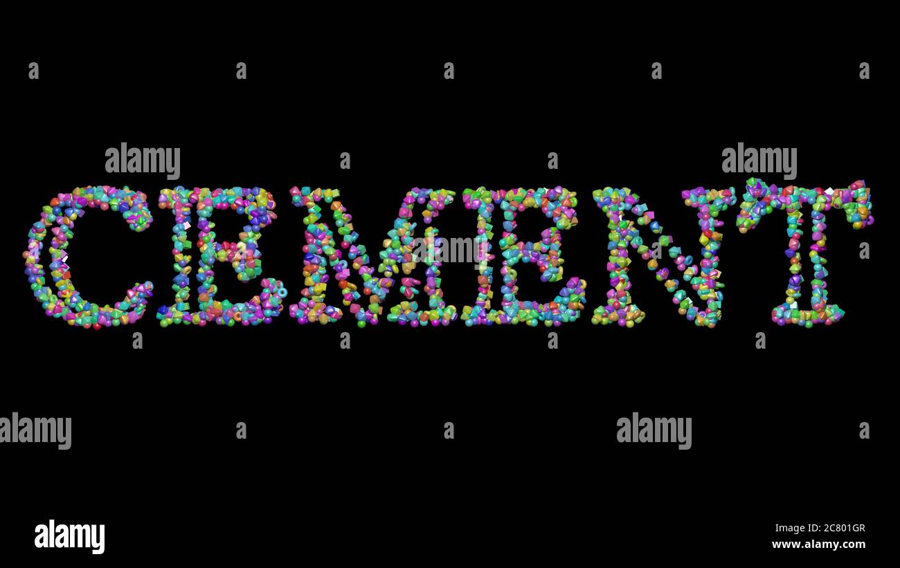 cement: 3D illustration of the text made of small objects over a black ...