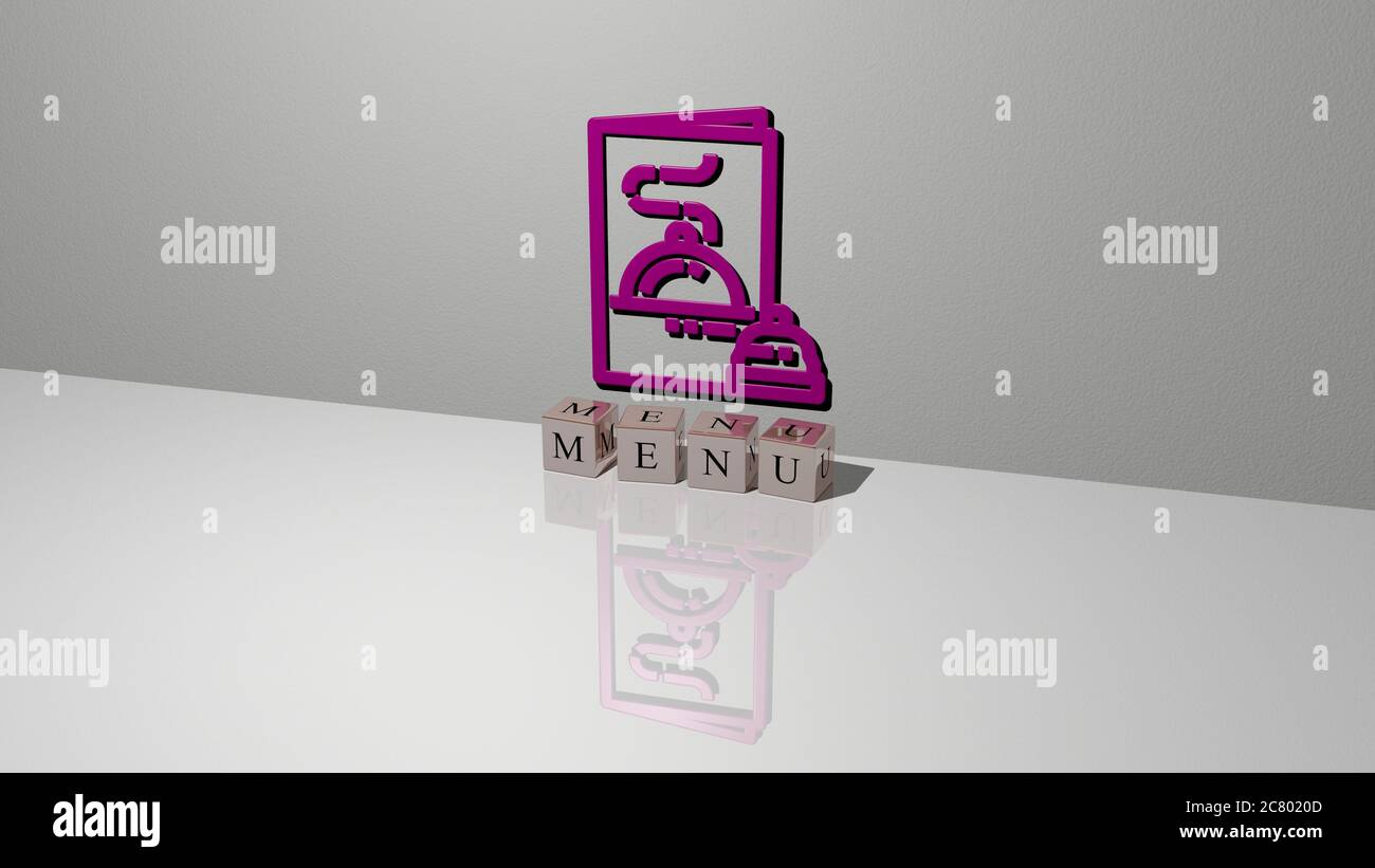 3D illustration of MENU graphics and text made by metallic dice letters ...
