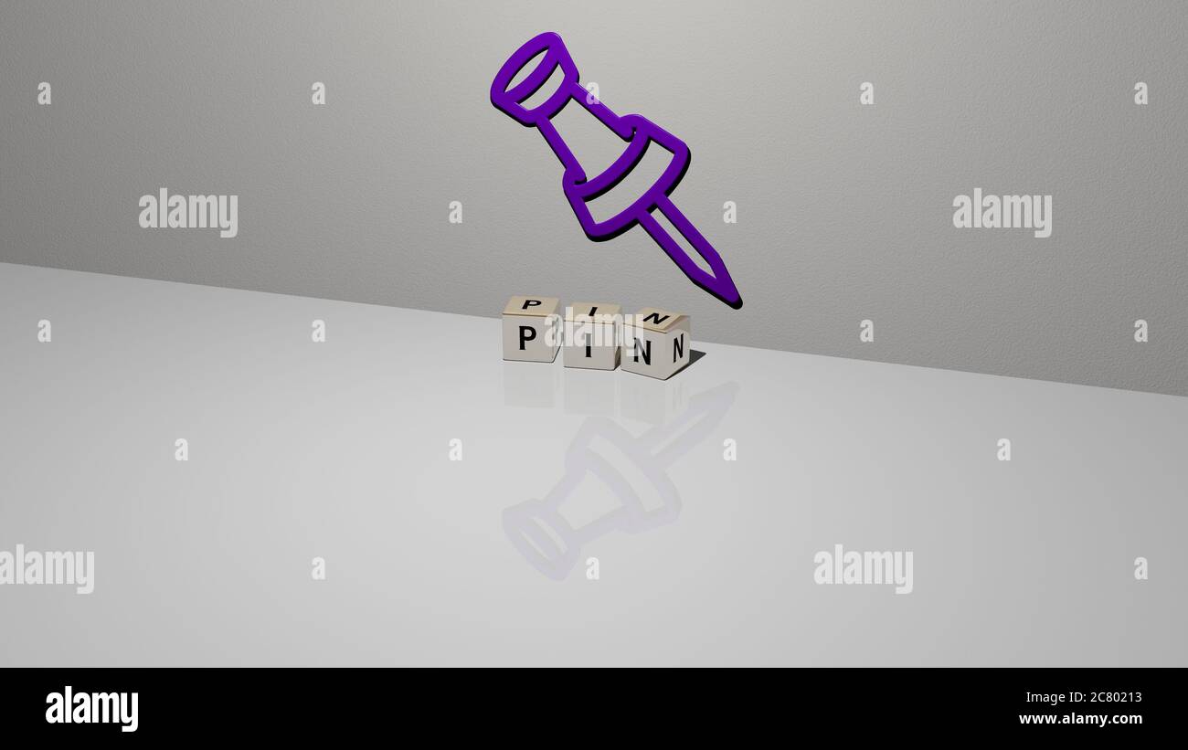 3D illustration of pin graphics and text made by metallic dice letters ...