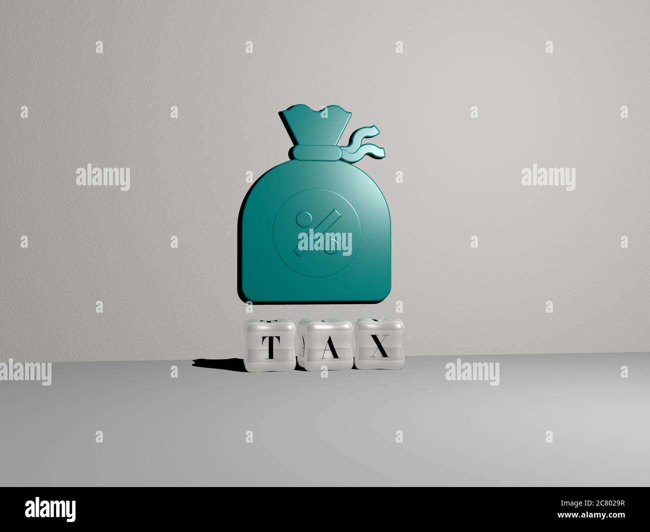 3D graphical image of TAX vertically along with text built by metallic ...