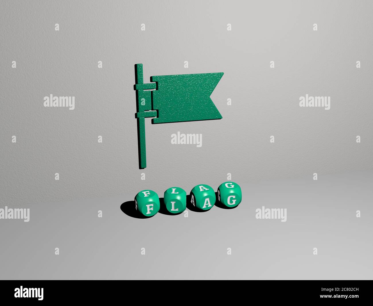 3D illustration of flag graphics and text made by metallic dice letters ...