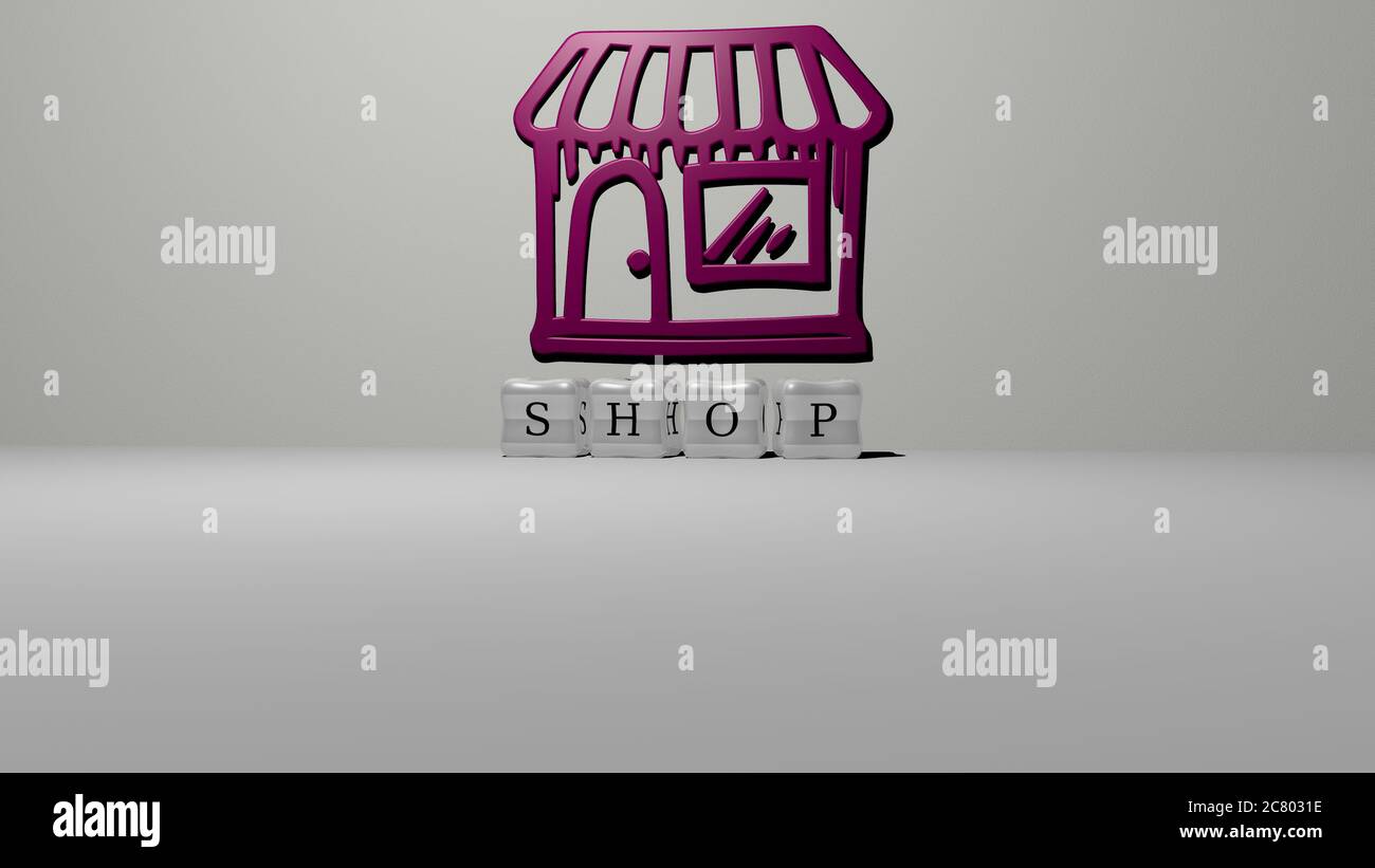 3D illustration of shop graphics and text made by metallic dice letters ...