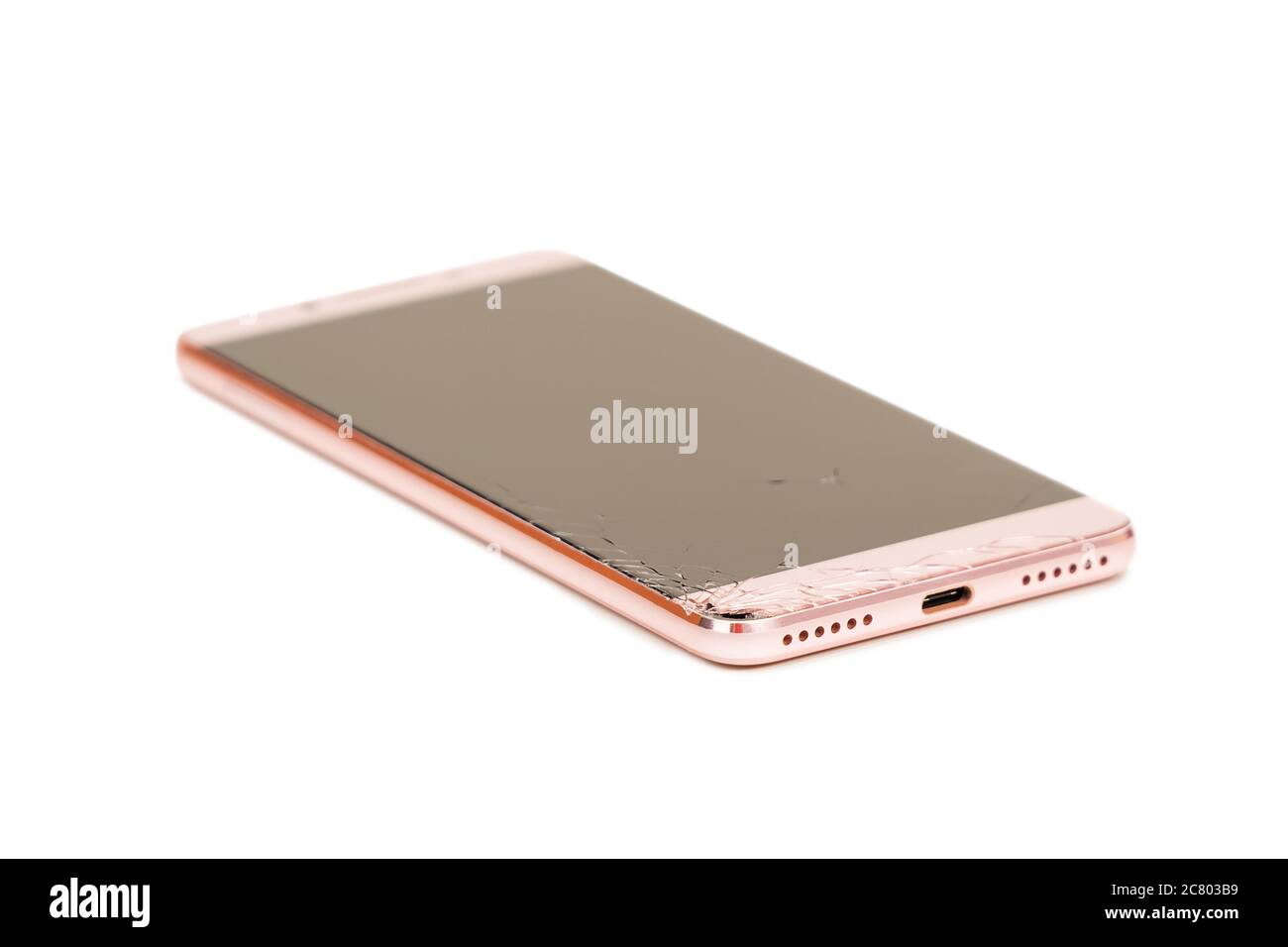 New pink slim smartphone with cracked screen from corner isolated on ...