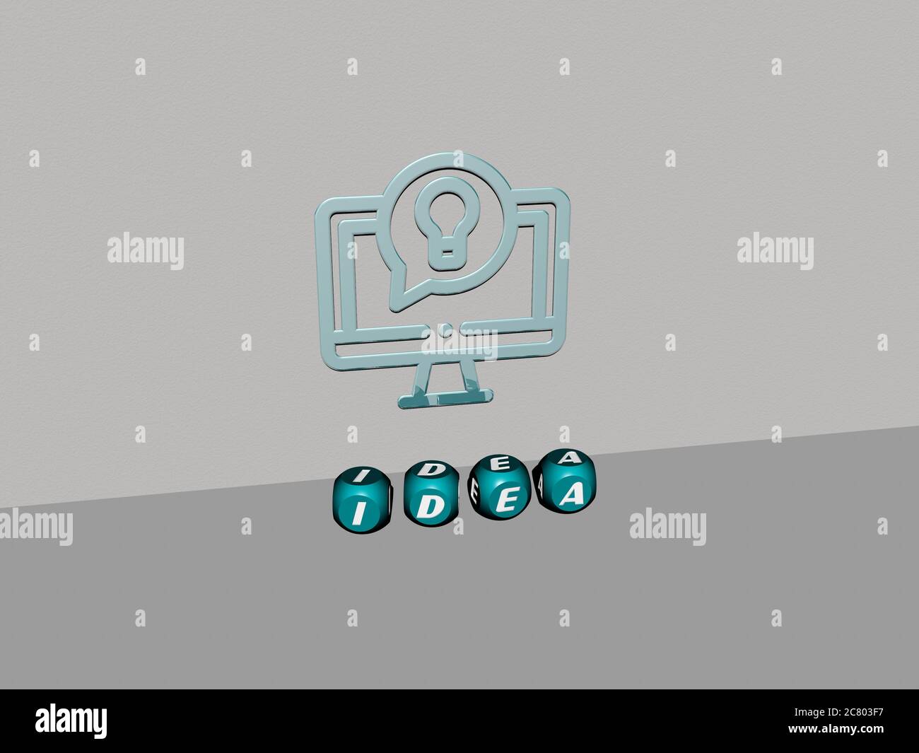 3D illustration of idea graphics and text made by metallic dice letters ...