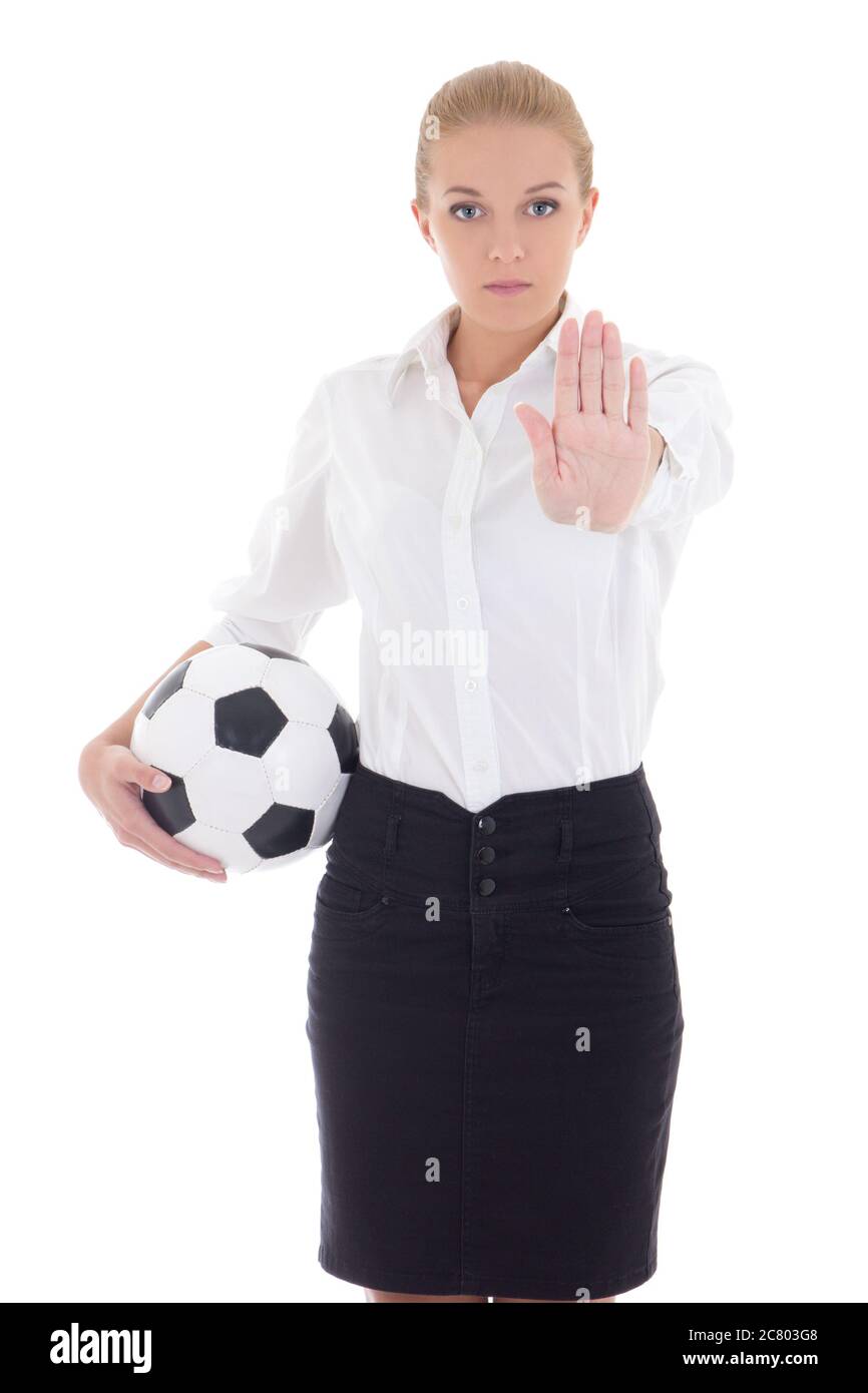business woman with soccer ball showing stop sign isolated on white ...
