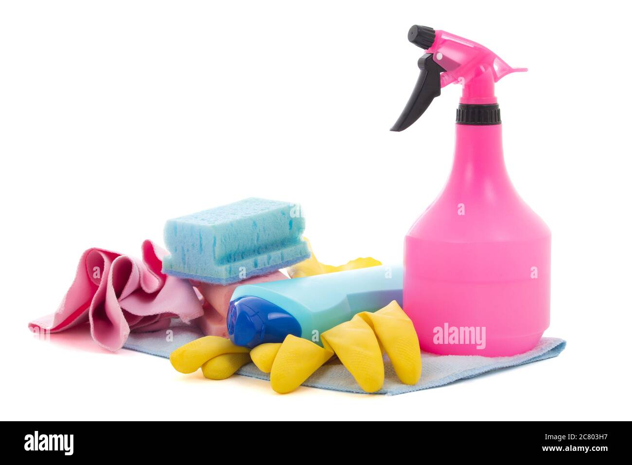 Bottles of dishwashing liquid and kitchen cleaners isolated on white ...