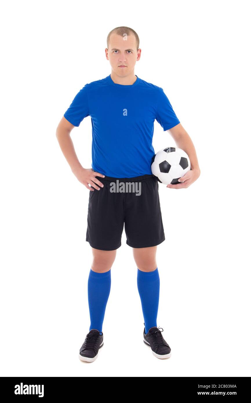 soccer player in blue uniform with a ball on white background Stock ...