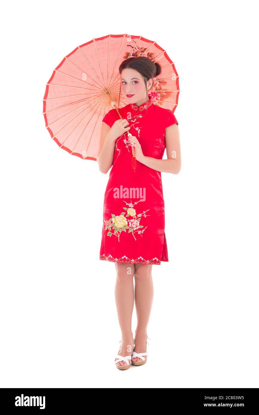portrait of young pretty woman in red japanese dress with umbrella ...