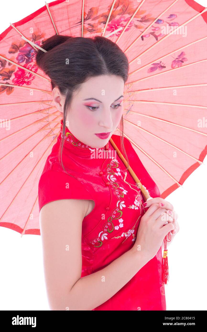 close up portrait of girl in red japanese dress with umbrella isolated ...