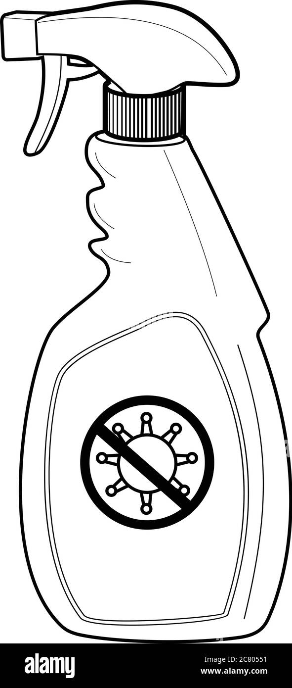 Line drawing style illustration of disinfectant spray bottle with stop ...