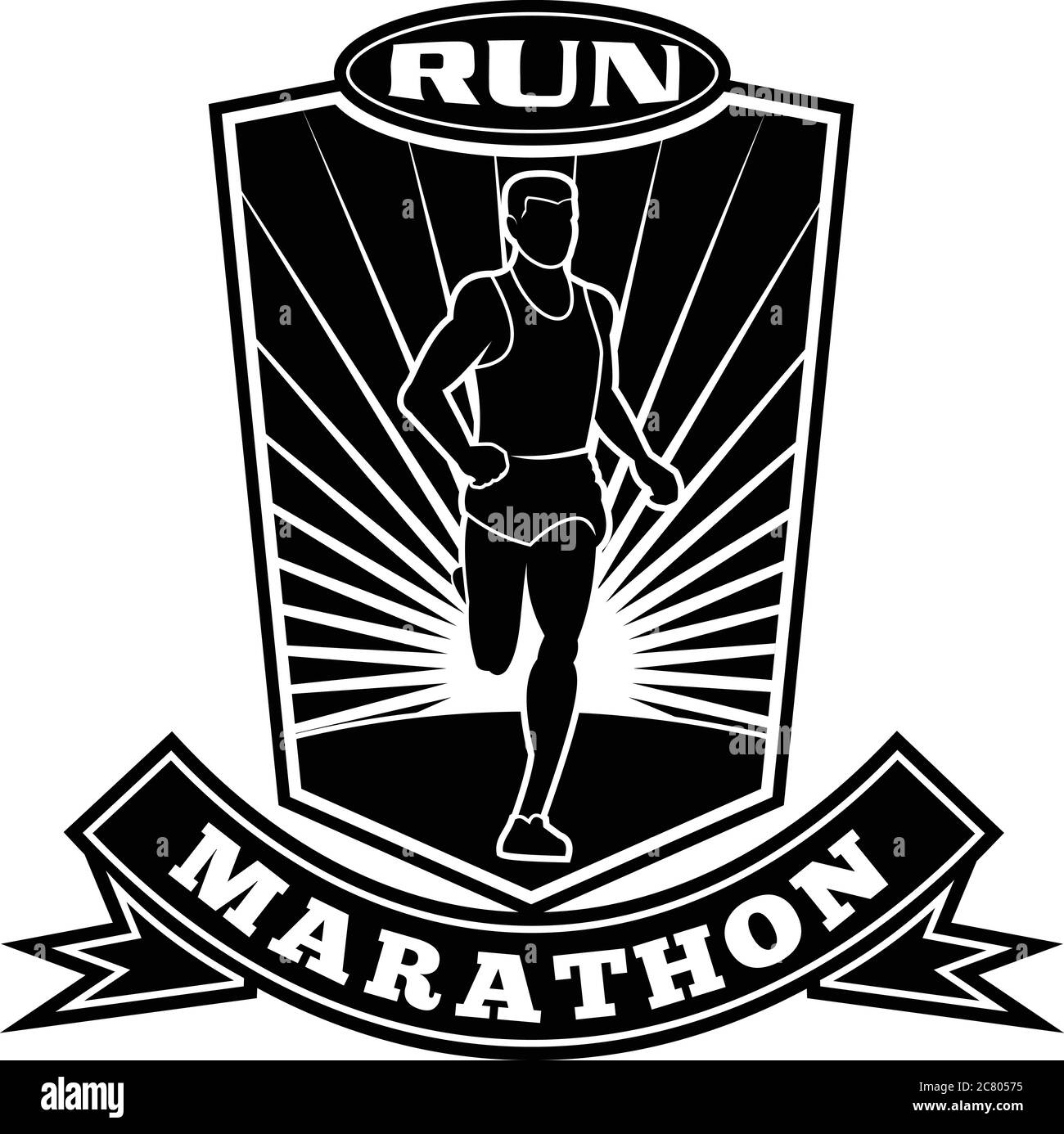 Black and white illustration of a marathon triathlete runner running ...