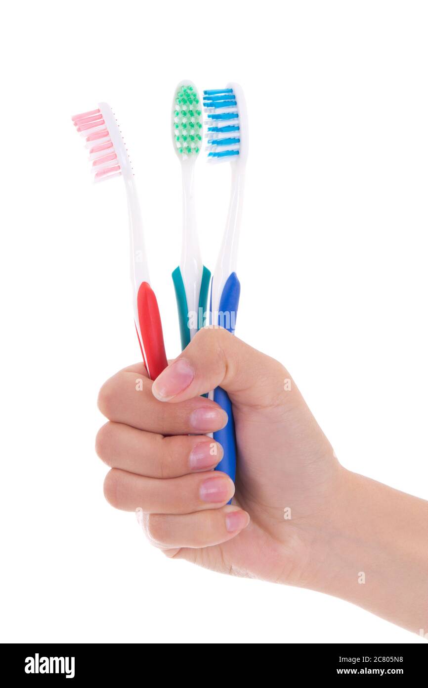 female hand holding 3 toothbrushes over white background Stock Photo ...