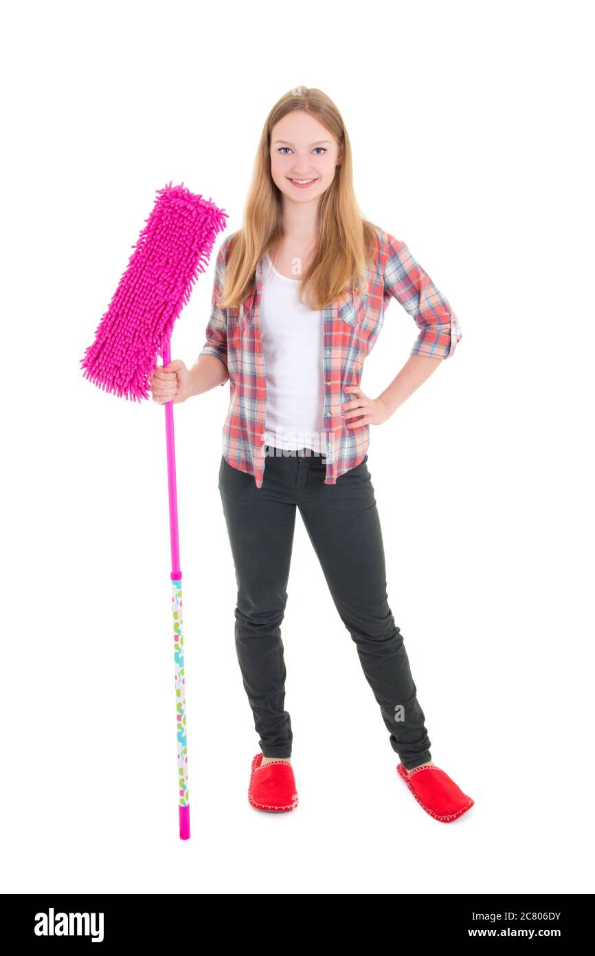 beautiful girl with pink mop over white Stock Photo - Alamy