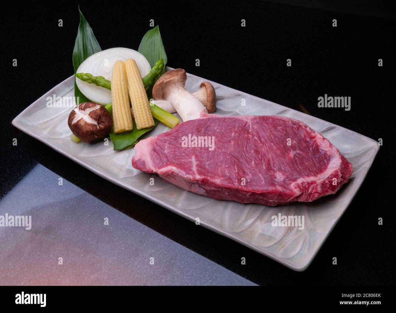 Raw red beef slice cut set in teppanyaki menu order Stock Photo - Alamy