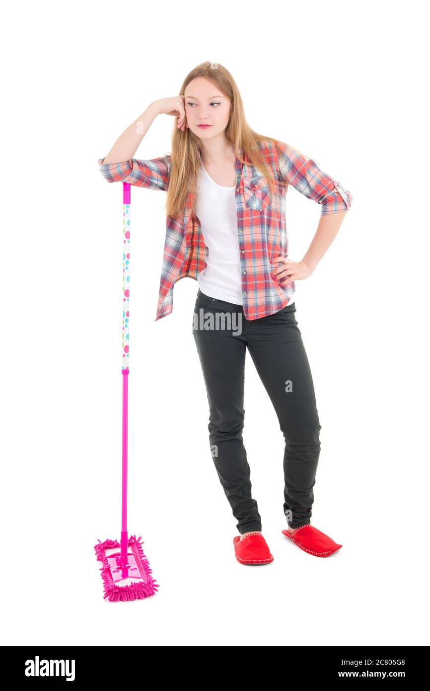 sad beautiful girl with pink mop isolated on white background Stock ...