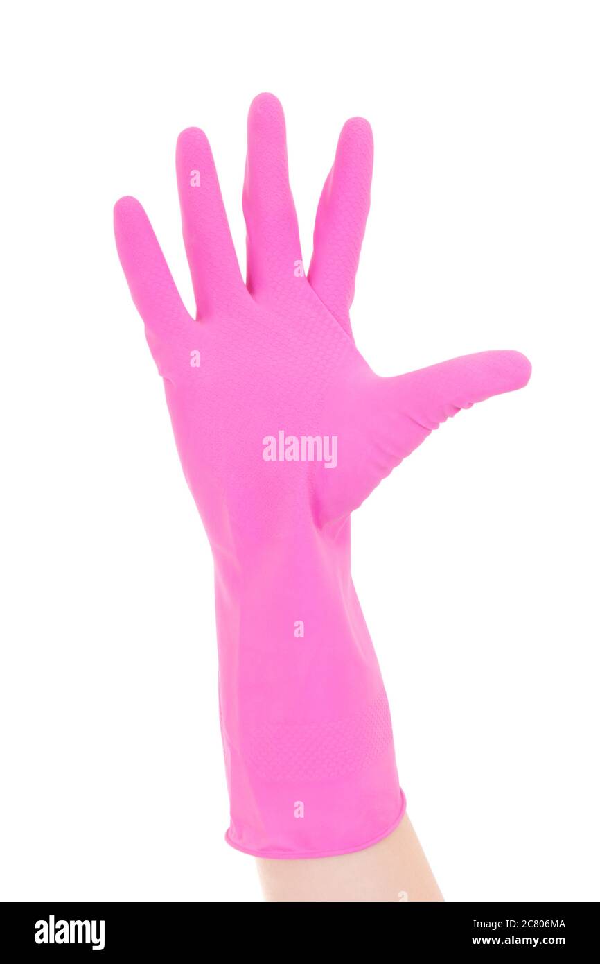 female hand in pink rubber glove isolated on white background Stock ...