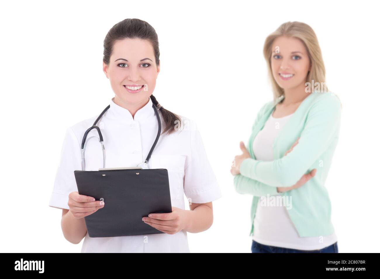 female doctor with folder and patient isolated over white background ...