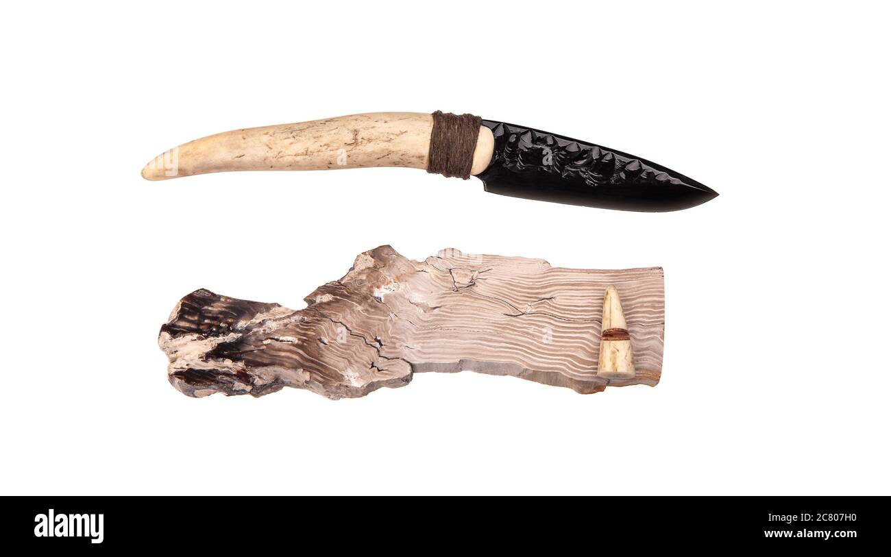 Obsidian Knife With Bone Handle Isolate On A White Background