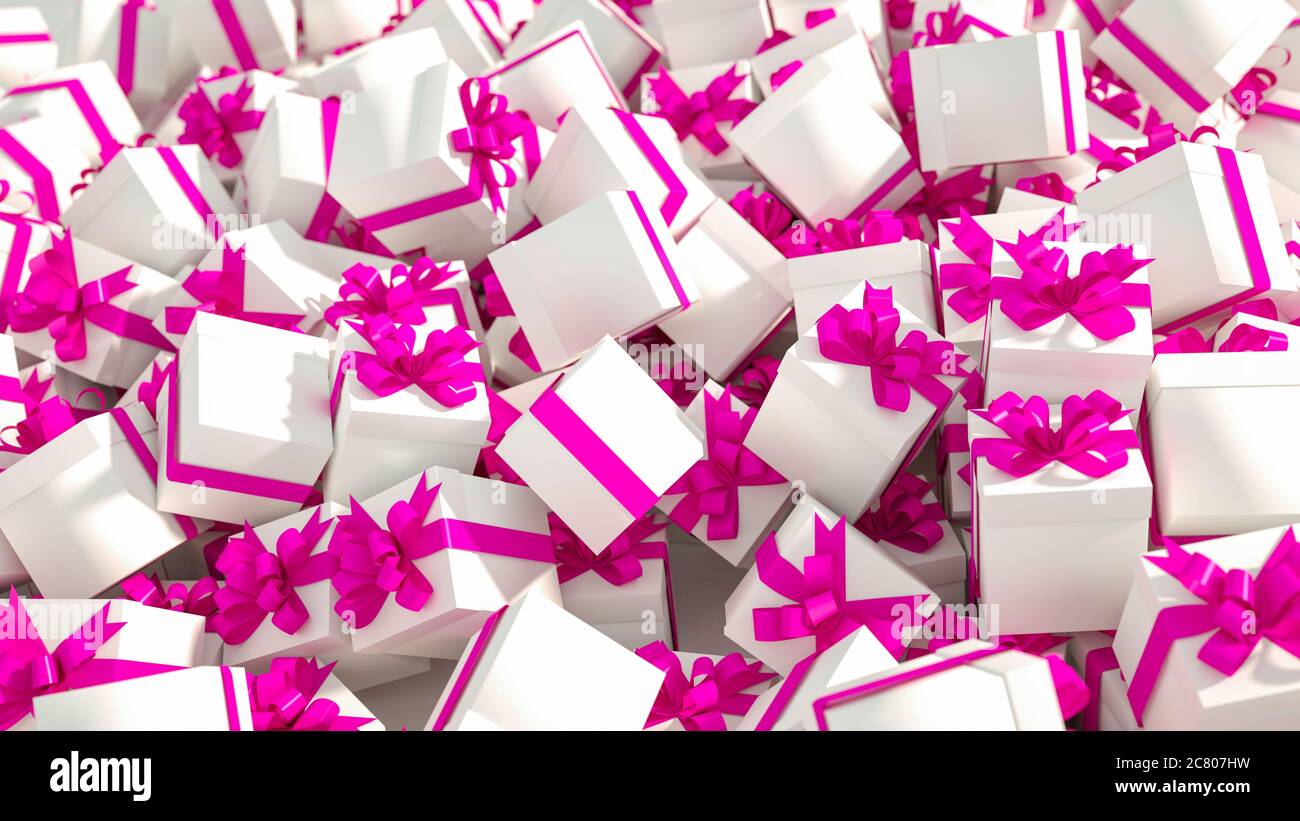 Pile of white gift boxes with pink ribbons Stock Photo - Alamy