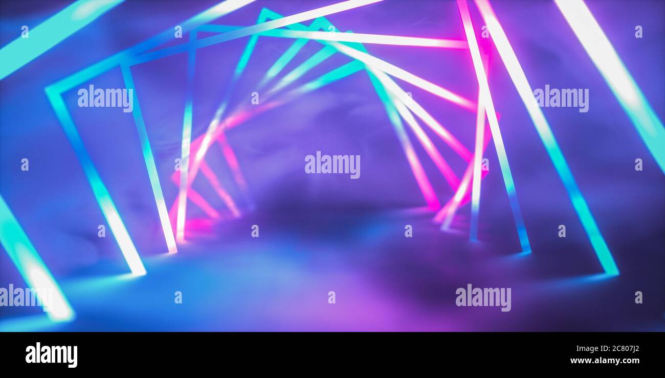 3D rendering of futuristic Sci-Fi abstract blue and purple neon light ...