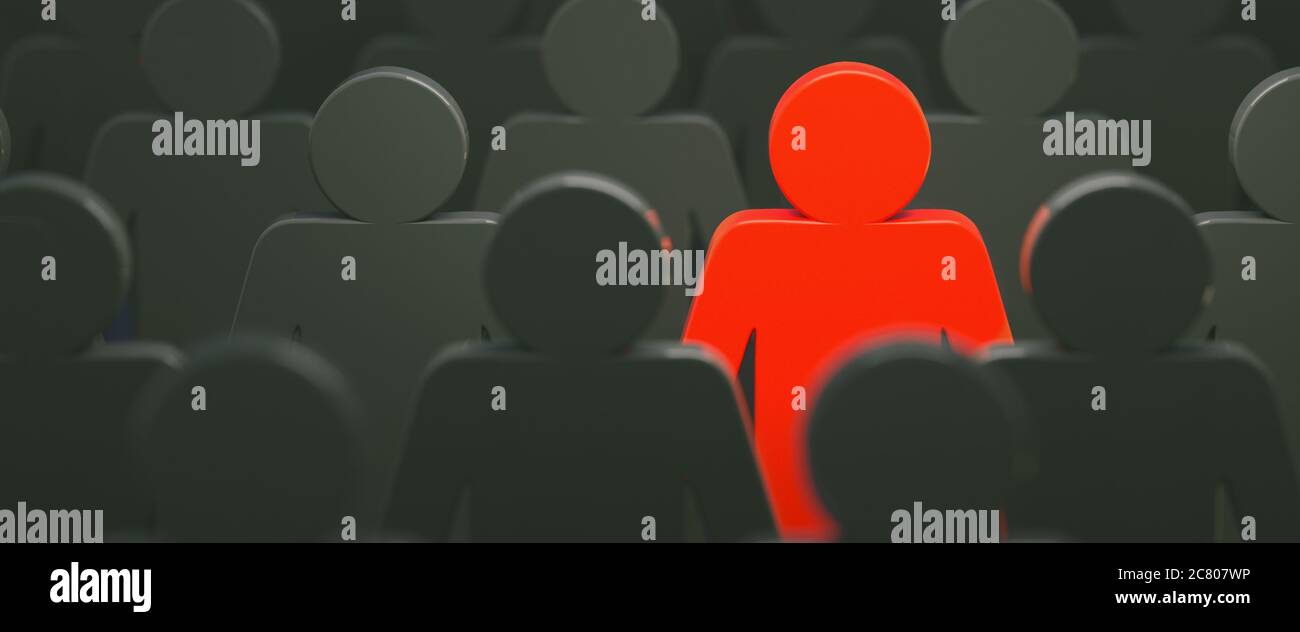 3D rendering of a red person in a crowd of black characters - concept ...