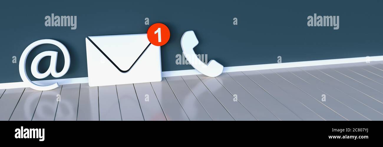 Phone, email and post icons leaning against a wall - contact and ...